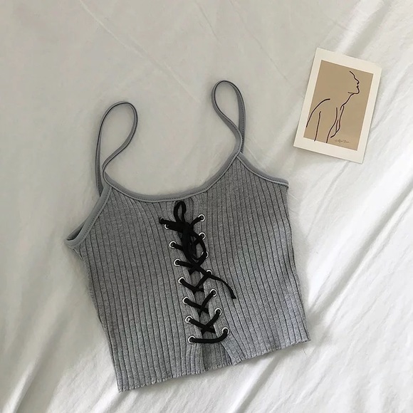 Tops | Crop Top Tank Lace Up Tie Sexy Cotton Gray Top | Poshmark
